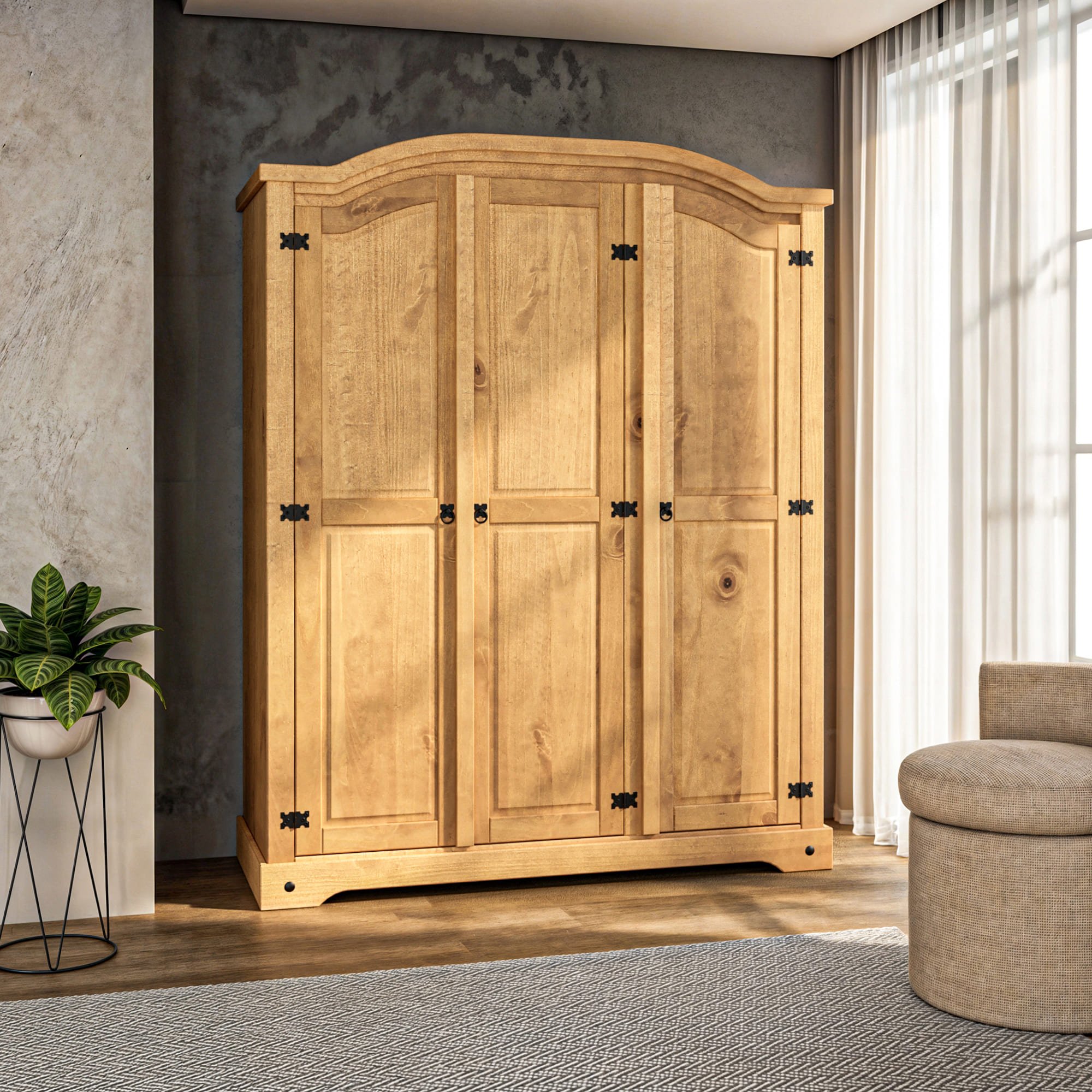 Guarda-Roupa Curvo 3 Portas em Madeira de Pinus - Cera Classic