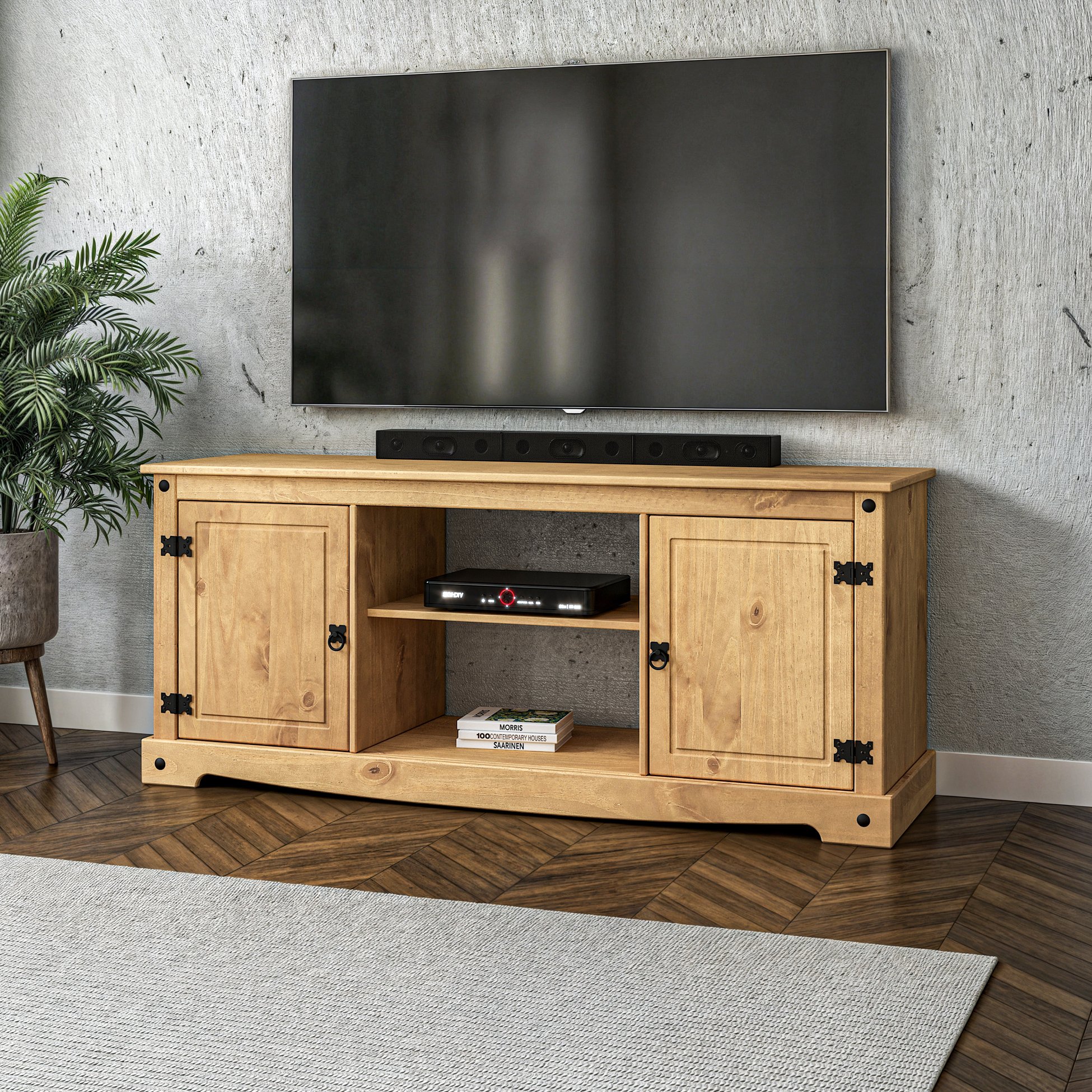 Rack TV Usinado 2 Portas 1 Prateleira em Madeira de Pinus Cera