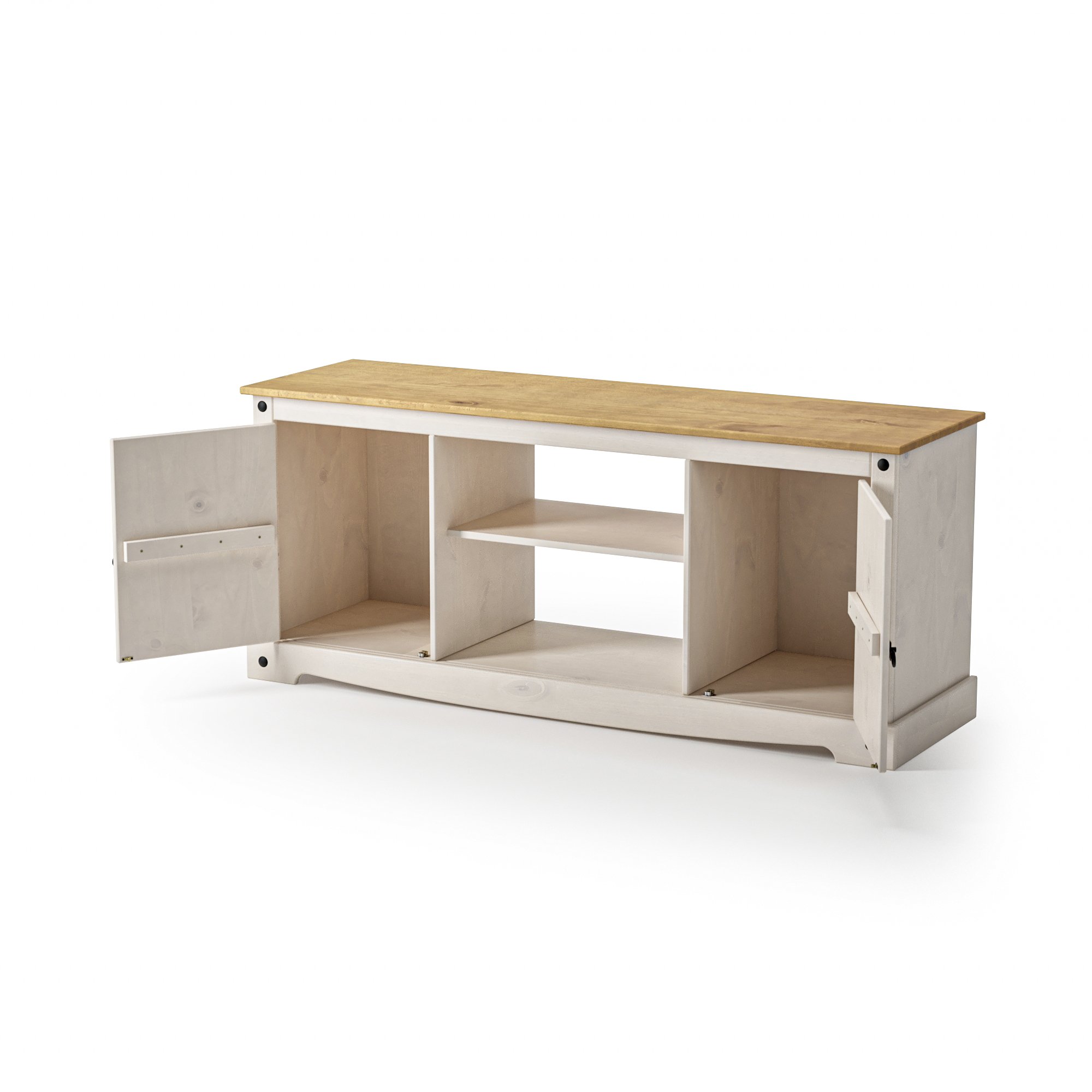 Rack TV Usinado 2 Portas 1 Prateleira em Madeira de Pinus Branco