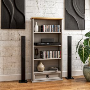 Estante Pequena para DVD 3 Prateleiras 1 Gaveta em Madeira de Pinus - Cinza